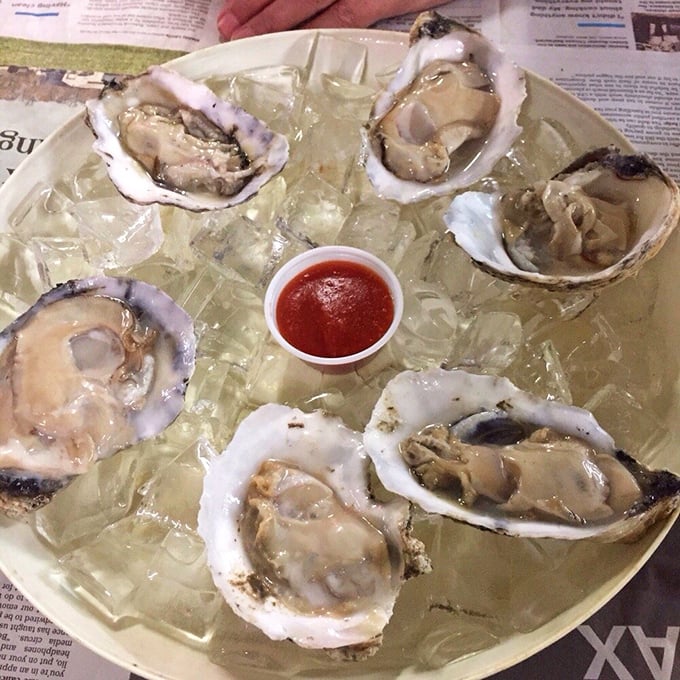 Fresh oysters on the half shell, glistening like jewels on a bed of ice—nature's perfect appetizer with just a touch of cocktail sauce.