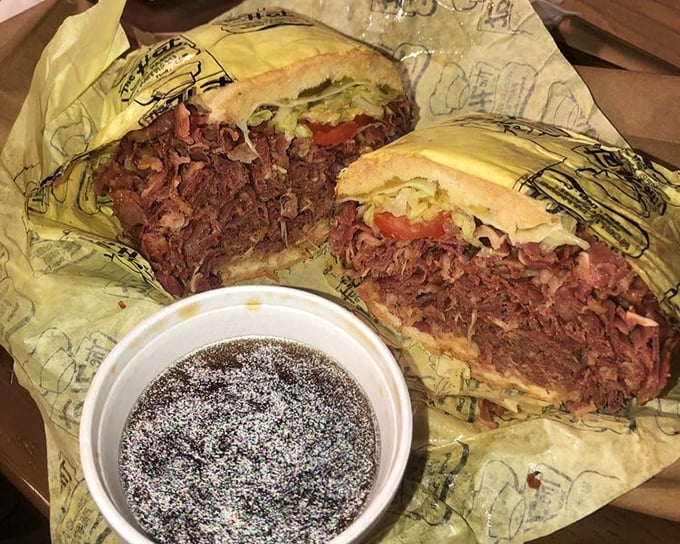 The Pastrami Dip with its sidekick of au jus—a dynamic duo that's been fighting hunger crimes in Southern California for decades.