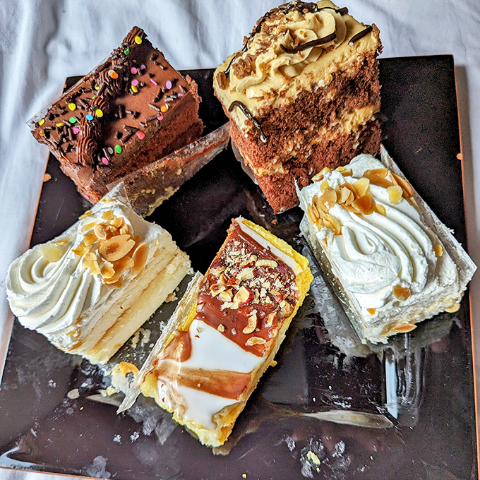 A dessert United Nations – chocolate, caramel, nuts, and cream living together in perfect harmony. World peace might just start with a good pastry selection.