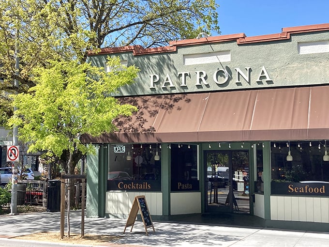 Patrona's inviting storefront promises cocktails, pasta, and seafood—the holy trinity of "I deserve this" dining after a day of wine tasting.