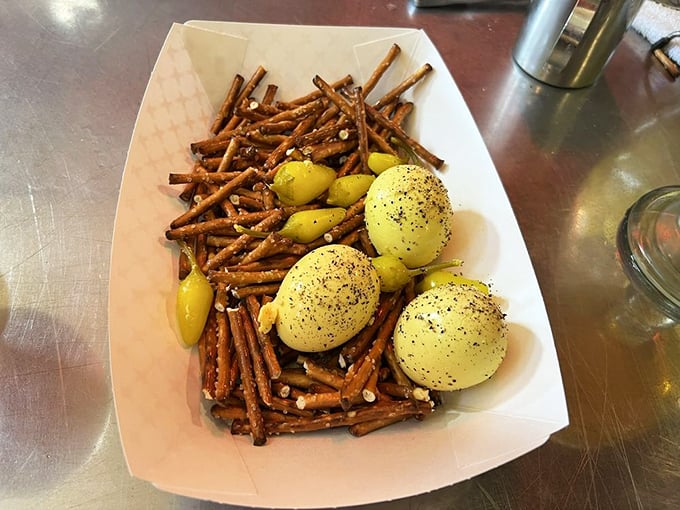 The famous pickled eggs and pretzels—a bar snack so perfectly executed it makes you wonder why more places don't follow this simple formula for happiness.