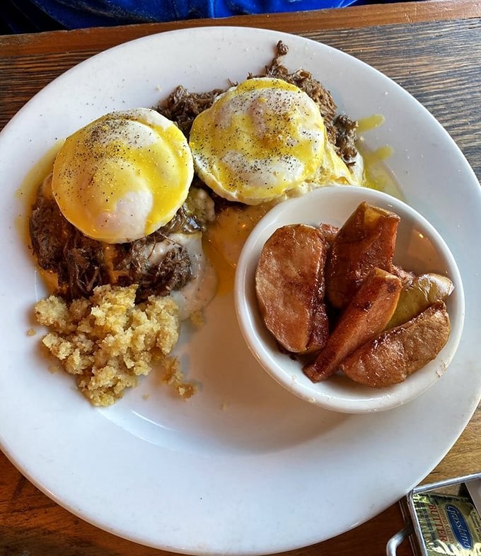 Pot roast Benedict—where breakfast meets Sunday dinner. Those perfectly poached eggs are just waiting to unleash their golden goodness.