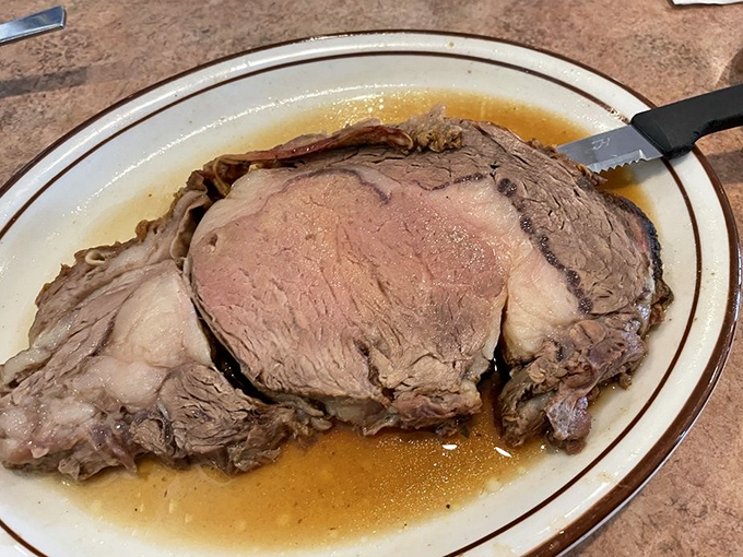 Prime rib so tender it practically surrenders to your fork. The au jus isn't just a sauce—it's liquid gold.