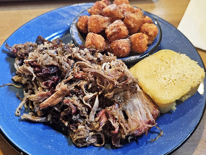 This pulled pork has that perfect bark-to-meat ratio, with cornbread and sweet potato bites that make you wonder why you'd eat barbecue any other way.