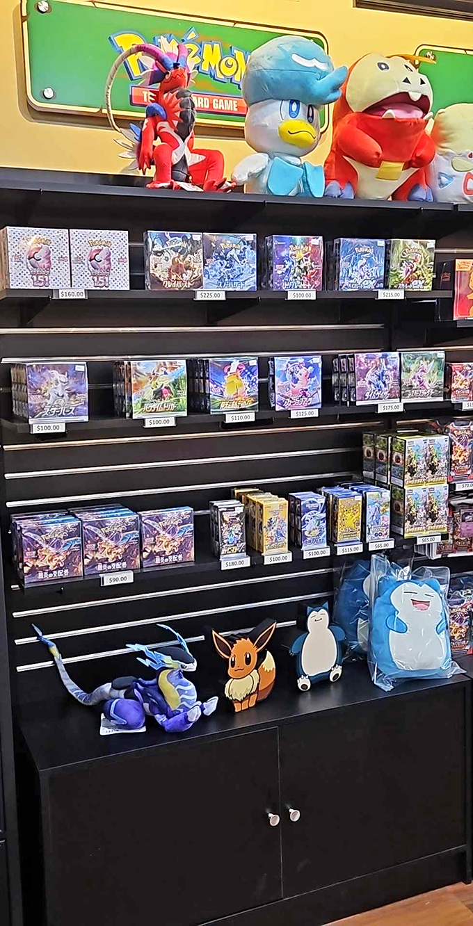 Plush Pokémon stand guard over their cardboard counterparts, silently judging your deck-building choices with their adorable button eyes.