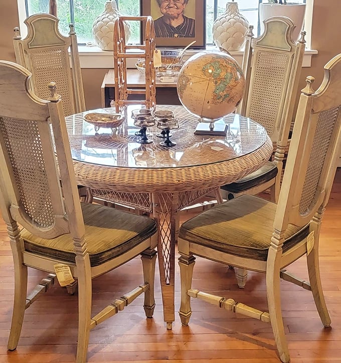 Imagine the dinner conversations this elegant rattan set has hosted—from Kennedy-era cocktails to modern family gatherings over takeout.