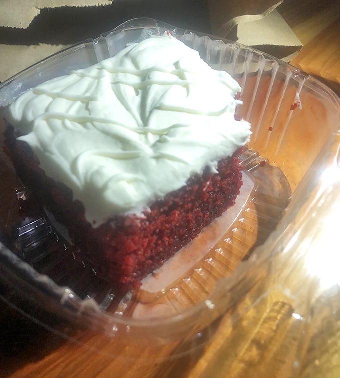 Red velvet cake with cream cheese frosting – because after surviving Nashville hot chicken, you deserve a reward that doesn't fight back.