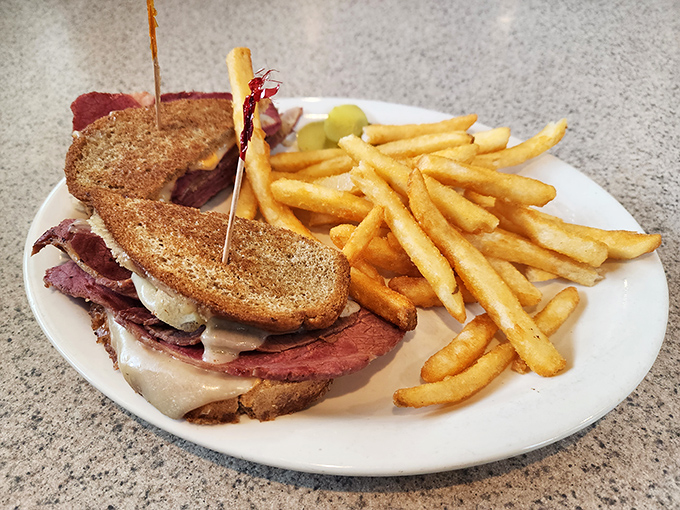 The Reuben sandwich here isn't just lunch; it's architecture—a carefully constructed tower of corned beef, sauerkraut, and melty Swiss that demands respect.