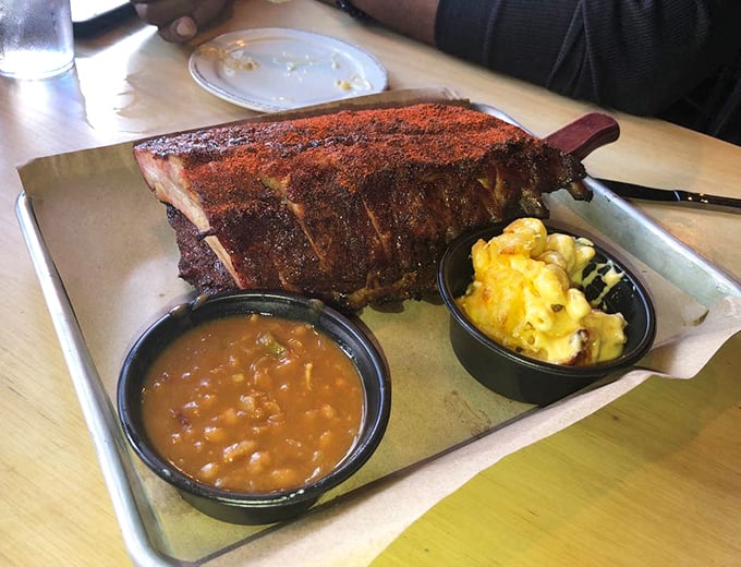 Ribs with a bark so perfect they should be in a barbecue museum, flanked by mac & cheese and baked beans standing at attention.