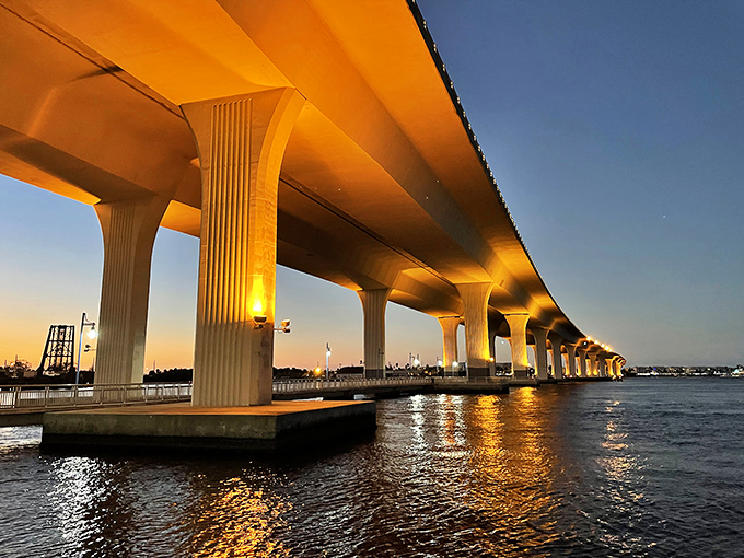 The Roosevelt Bridge glows at sunset, transforming a practical crossing into a light show that rivals Miami's flashiest nightclubs.