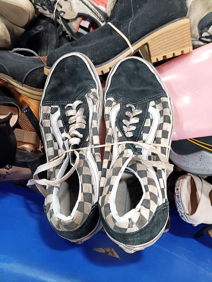 Checkered Vans peeking out from a sea of footwear possibilities. These skater classics are the equivalent of finding an unexpected twenty in last year's coat pocket.