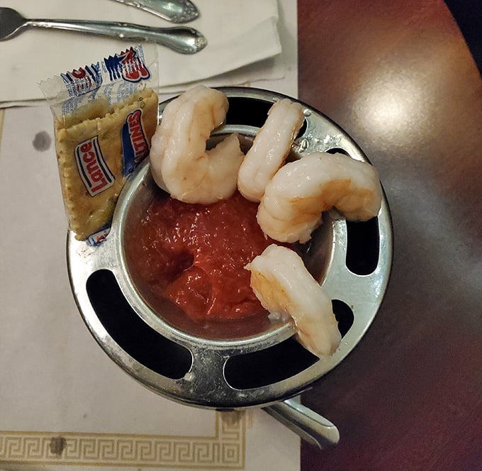 The shrimp cocktail—where seafood meets Midwest sensibility. Simple, straightforward, and served with crackers because some traditions just work.