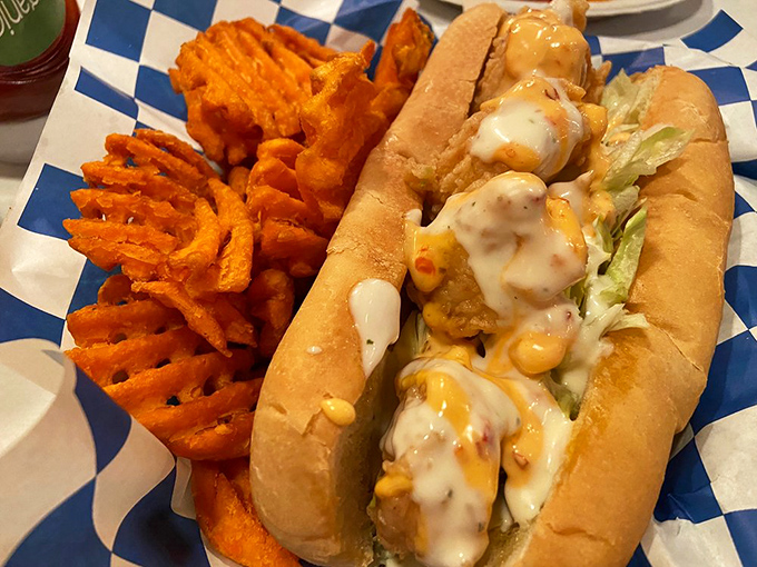 The shrimp po'boy with sweet potato fries – where New Orleans tradition meets Baltimore's seafood obsession in perfect harmony.