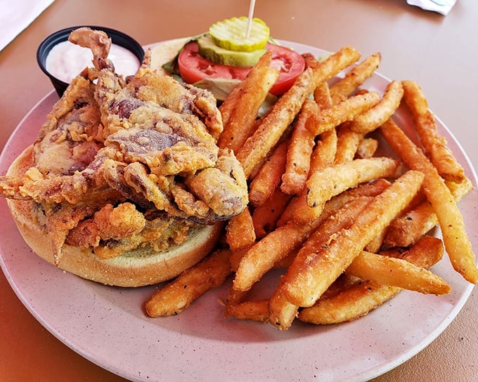The soft shell crab sandwich—where the entire crab commits to becoming the perfect lunch. Crunchy, savory, and gloriously messy.
