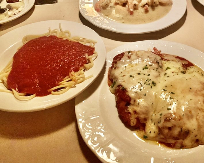 A classic Italian tableau: spaghetti with marinara alongside chicken parmigiana – the Fred Astaire and Ginger Rogers of comfort food, dancing perfectly together. 