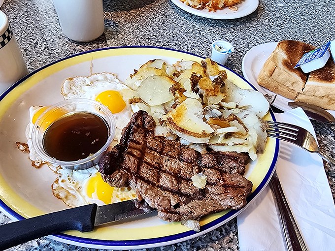 Steak and eggs – the breakfast of champions, or anyone who believes that dinner foods can absolutely crash the morning party.