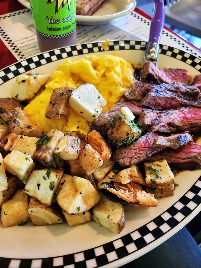 The Cowboy Curtis isn't just breakfast—it's a protein-packed performance featuring eggs and steak in perfect harmony.