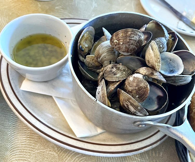 These steamed clams aren't just having a hot tub party – they're celebrating life with a buttery broth that demands bread for sopping duties.