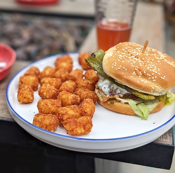 Golden-brown tater tots alongside a perfectly dressed burger—proof that sometimes the sidekick deserves equal billing with the hero.