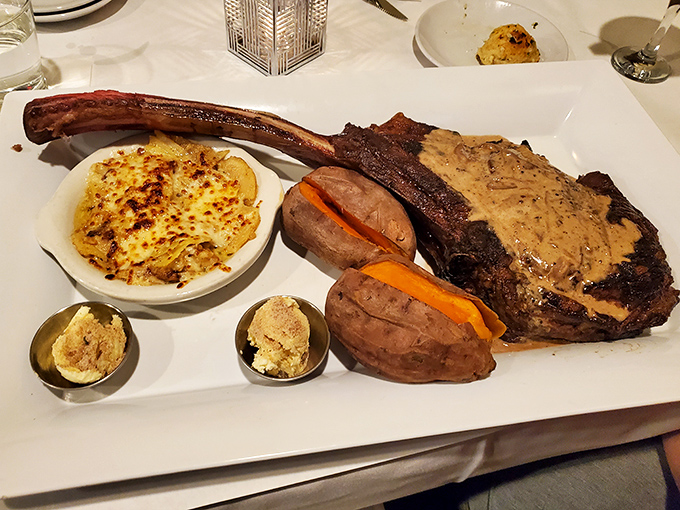 The tomahawk steak: part dinner, part medieval weapon, all delicious. Fred Flintstone would approve of this bone-in beauty that dominates the plate.