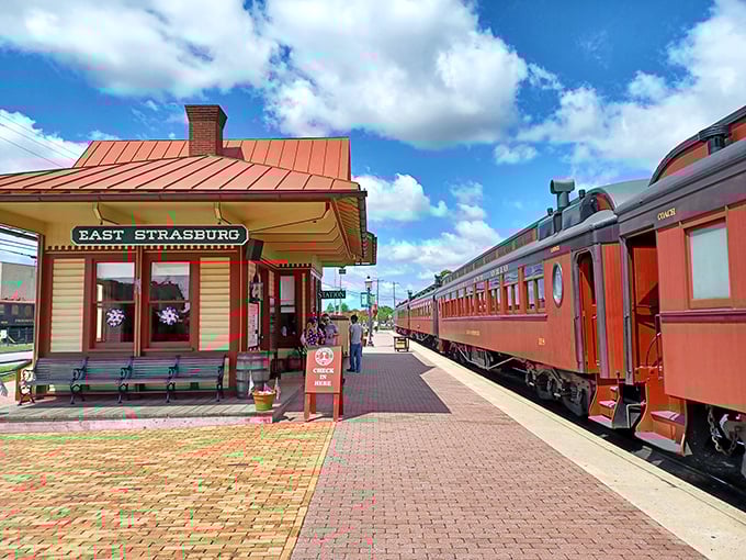 East Strasburg Station welcomes visitors with its cheerful cream and burgundy facade – the gateway to your journey through time.