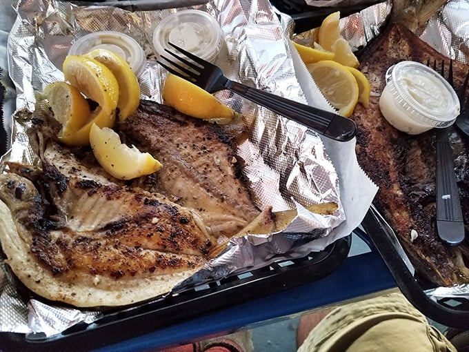 Triggerfish on foil – simple presentation that says, "I'm so good, I don't need fancy plates to impress you."