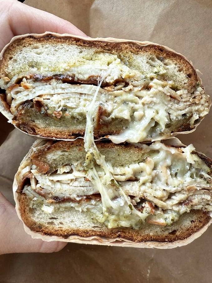 Turkey and pesto living in perfect harmony, like Simon and Garfunkel but more delicious.