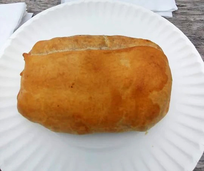 Simple perfection on a paper plate. This golden-brown pasty isn't trying to impress anyone with fancy presentation—it lets the flavors do all the talking.