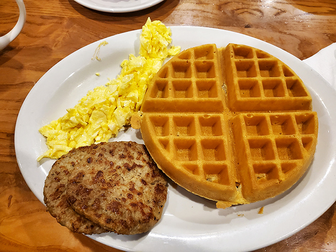When waffle meets eggs, magic happens – crispy, fluffy perfection that redefines what breakfast can be.