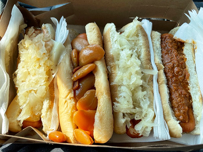 The hot dog variety pack—like a flavor festival where every entry wins first prize. This cardboard container holds more joy than most treasure chests.