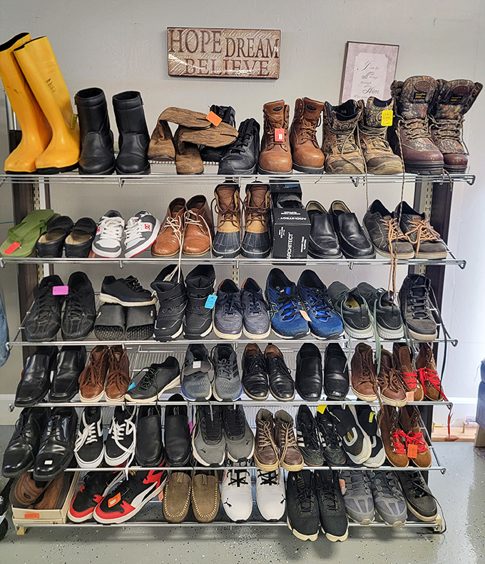 "Hope Dream Believe" the sign says, while the boots below stand ready for their next adventure. Poetry in practical footwear.
