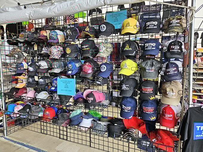 A hat for every head and opinion—the cap collection offers everything from practical sun protection to wearable political statements.