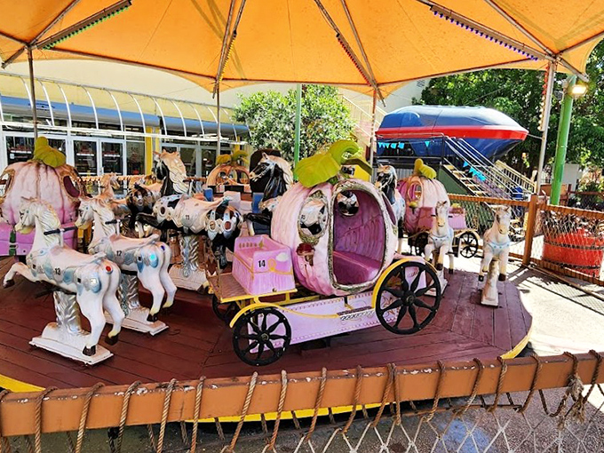 Childhood memories spin round and round on this vintage carousel. Even adults can't resist the nostalgic pull of these painted ponies.