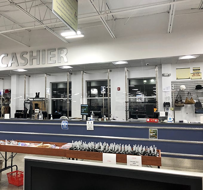 The final frontier of your thrifting journey—cashiers ready to ring up your finds while you mentally calculate how much you saved over retail.