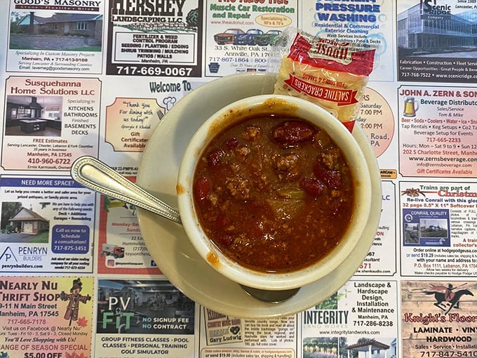 A bowl of chili sitting atop the local paper—getting the news while you eat the views of Lancaster County's finest.