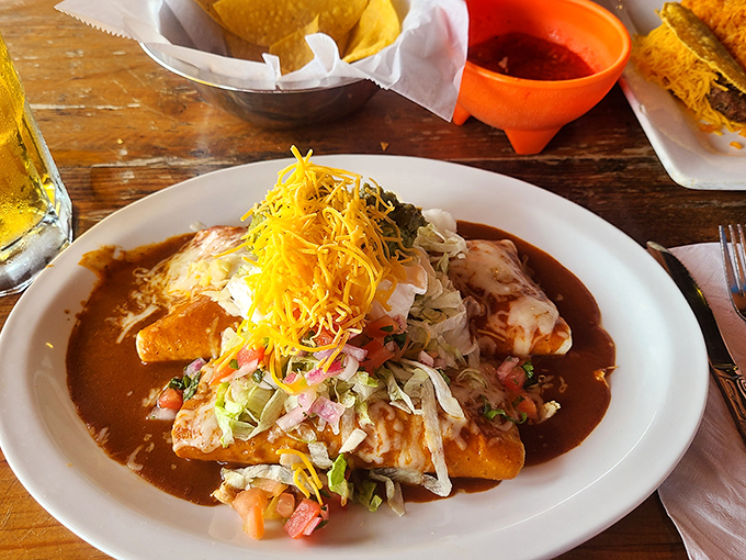 These enchiladas aren't just covered in sauce—they're having a full spa treatment in it. Rich, complex, and absolutely worth the napkin count. 