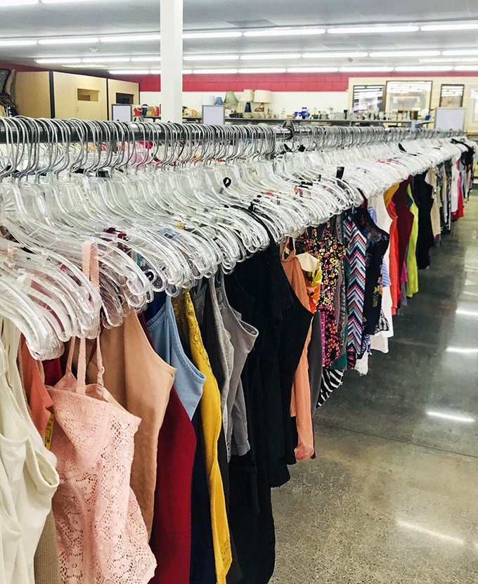 Color-coded clothing racks make finding your size a breeze, unlike that nightmare "everything-in-a-pile" thrift store we've all regretted visiting.