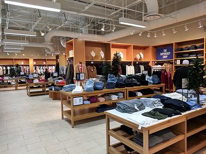Neatly organized clothing displays that make finding your size a civilized experience rather than the usual department store treasure hunt.