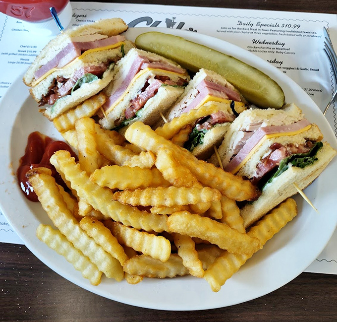 The club sandwich—mankind's greatest achievement after fire and the wheel. Perfectly stacked, precisely cut, with fries that could make a French chef weep.
