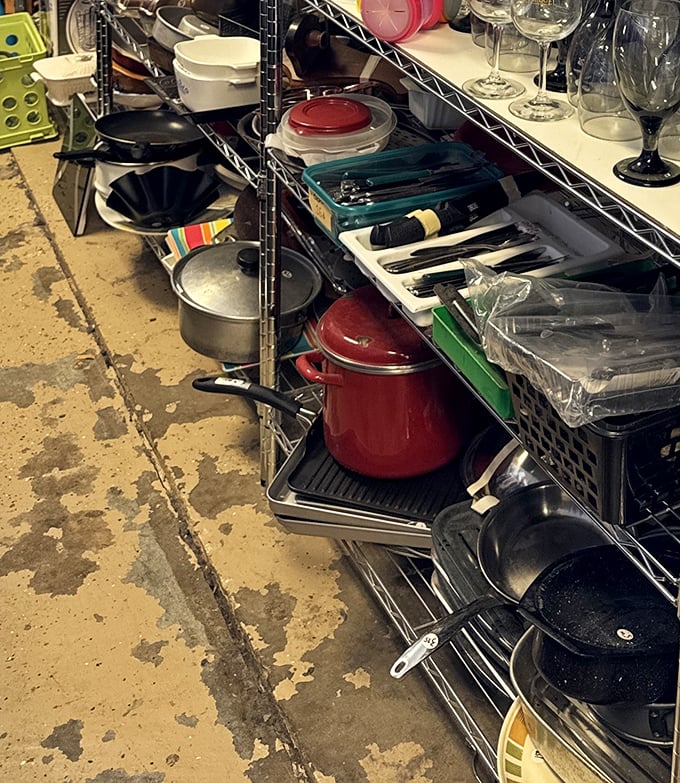 Kitchen treasures await! That red enamel pot could be the star of your next soup night, with stories already simmered into its surface.