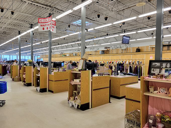 The checkout area—the final frontier between you and your thrifting victory. Those wooden counters have witnessed countless bargain triumphs.