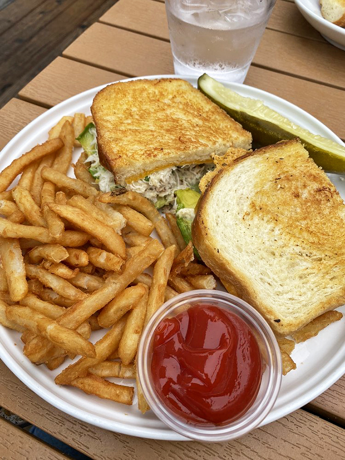 The humble crab sandwich gets a coastal California makeover. Crispy bread, generous filling, and those fries—carb paradise found!