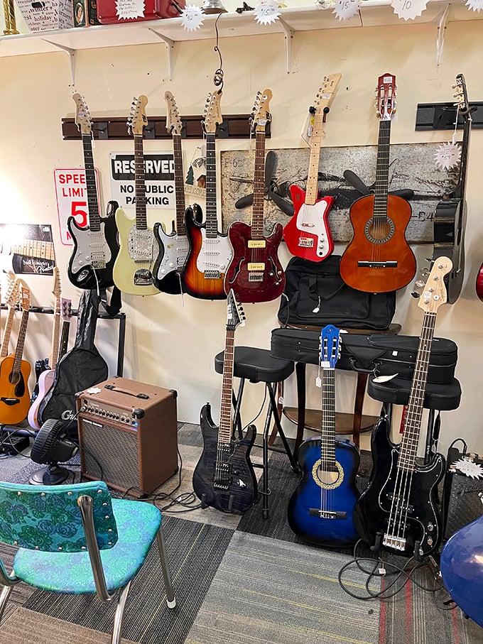 A rainbow of guitars waiting for their next encore – Hendrix would've had a field day here.
