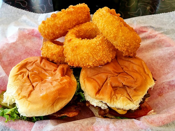 Double cheeseburger with onion rings—proof that sometimes the simplest pleasures are the most profound. No foodie hashtags required, just pure satisfaction.