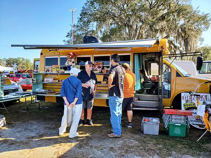 This repurposed school bus proves that retirement can be a beautiful thing, now serving as command central for vintage collectibles.