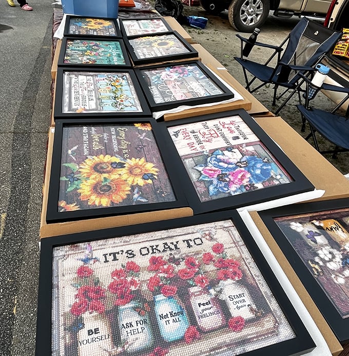 "It's Okay To Ask For Help"—sage advice among the sunflowers and inspirational cross-stitch art that transforms houses into homes across North Carolina.