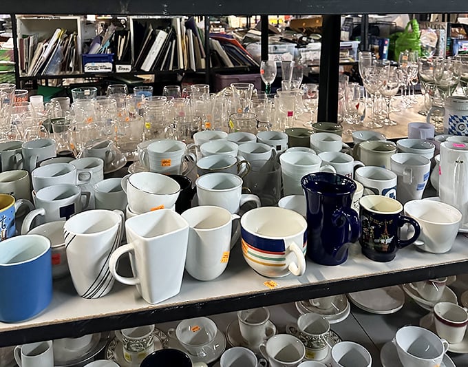 A ceramic congregation where coffee mugs from different decades mingle, each waiting for someone to take them home for morning caffeine rituals.