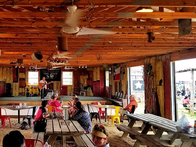 Picnic tables and live music—the perfect respite when your shopping legs need a break. The rustic wooden walls have probably heard a million Texas tales.
