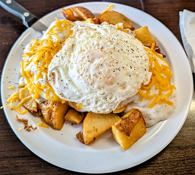 Breakfast architecture at its finest—crispy potatoes, melted cheese, and an egg that looks like it's posing for its glamour shot.