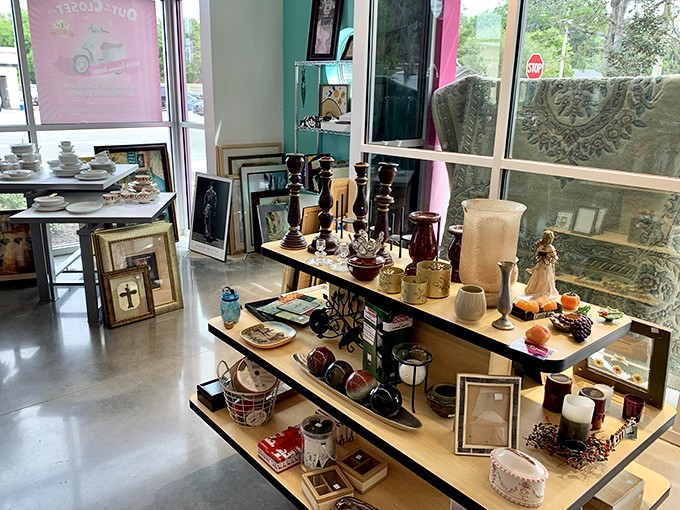 A carefully curated display of home décor that proves one person's "I don't need this anymore" is another's "I've been looking everywhere!"